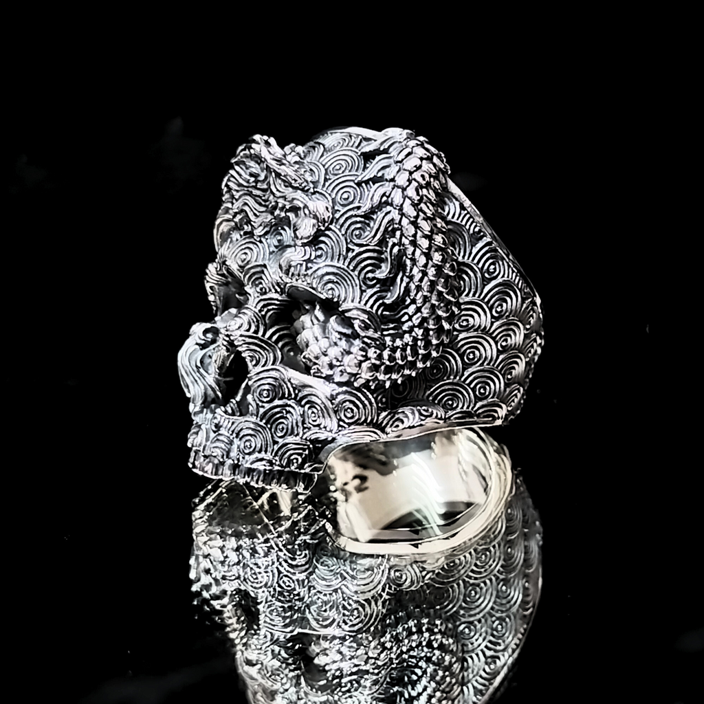 Ryūjin Skull Ring – Dragon God of the Sea. Lord of Tides - 925 Sterling Silver – Serpent Forge