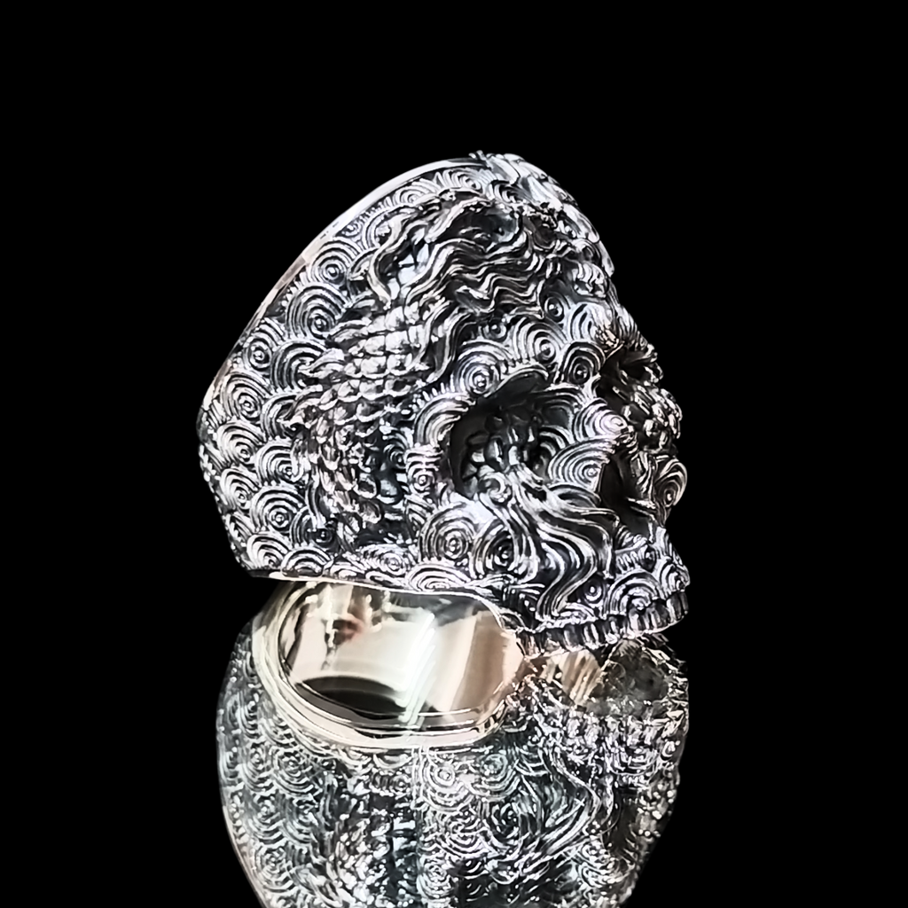 Ryūjin Skull Ring – Dragon God of the Sea. Lord of Tides - 925 Sterling Silver – Serpent Forge